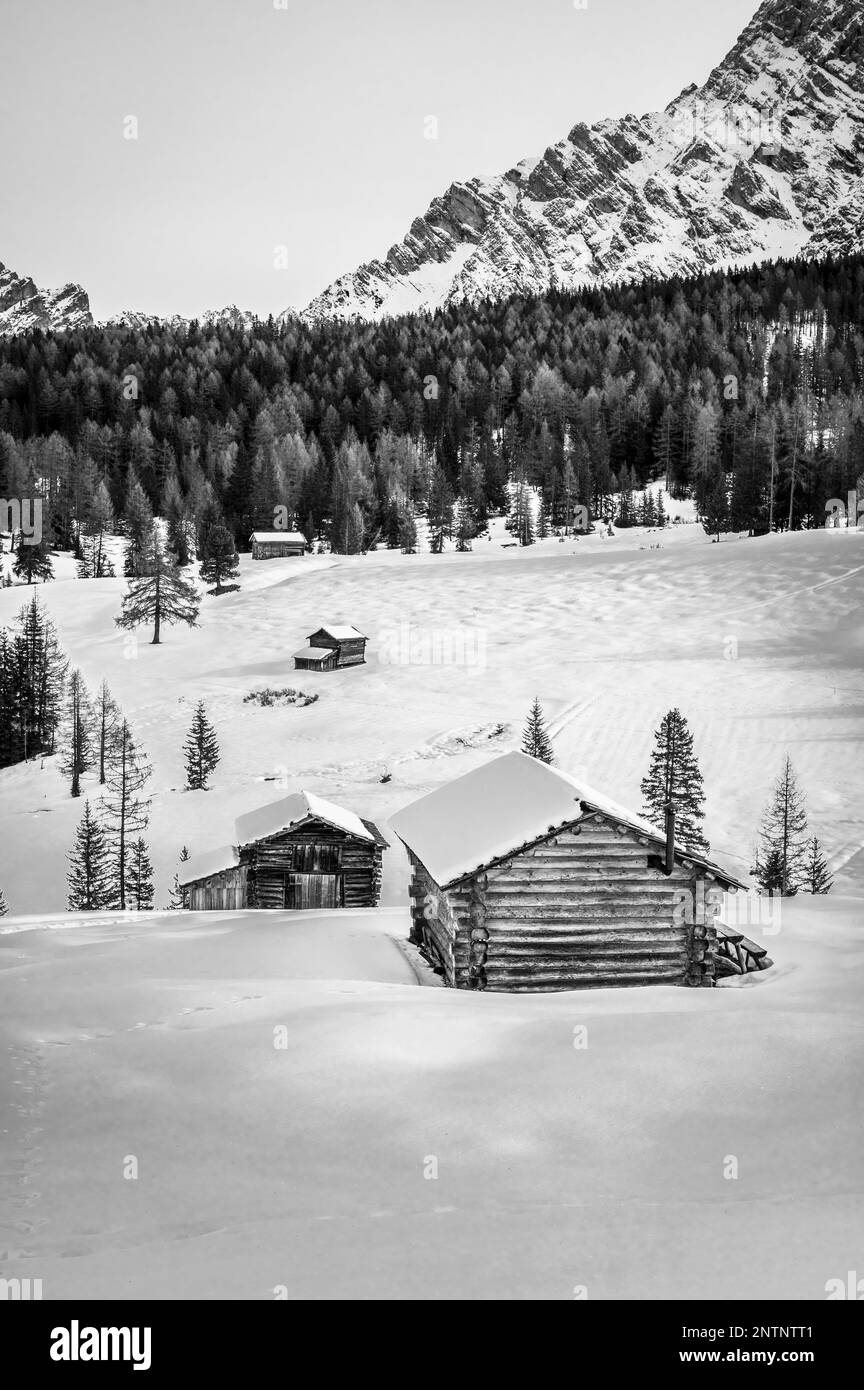 Alta Val Badia in winter. The village of La Val surrounded by the ...