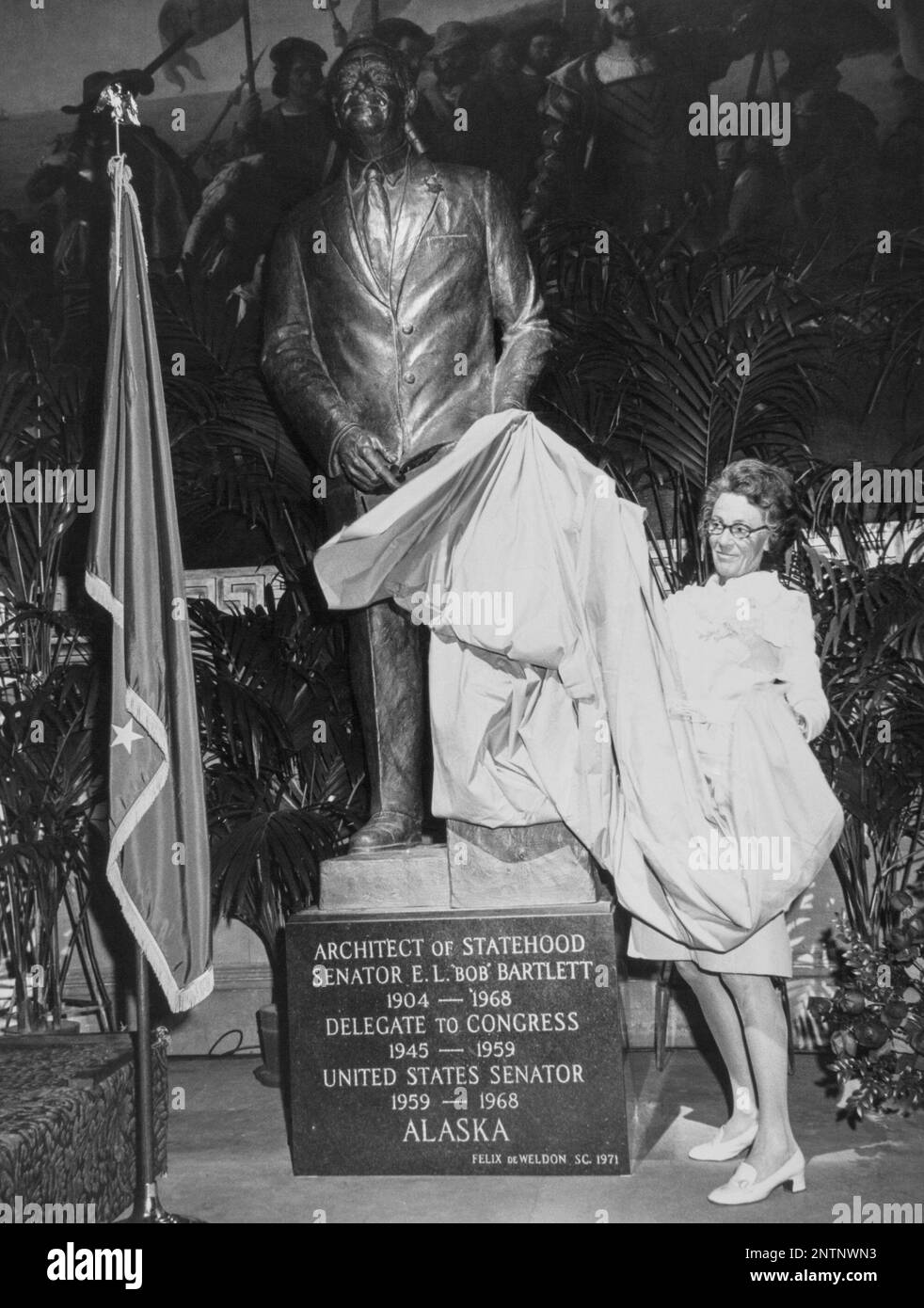 Lady unveiling the bronze statue of Former Sen. Bob Bartlett, D-Alaska ...