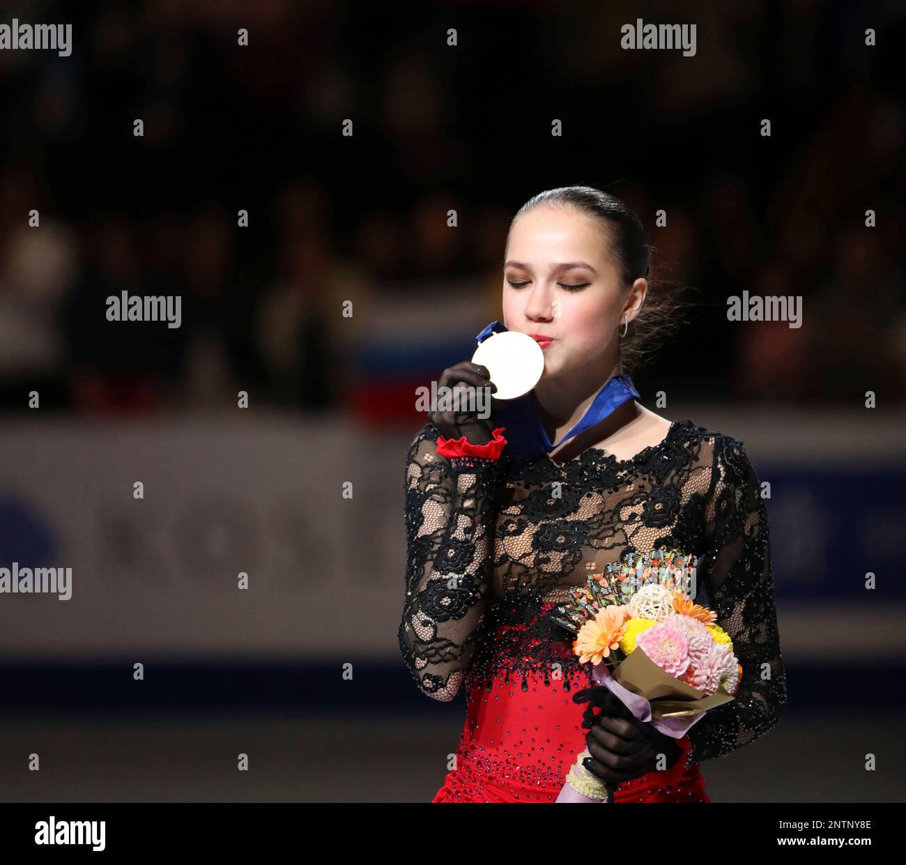 Russia's Alina ZAGITOVA celebrates during an award ceremony of Ladies ...