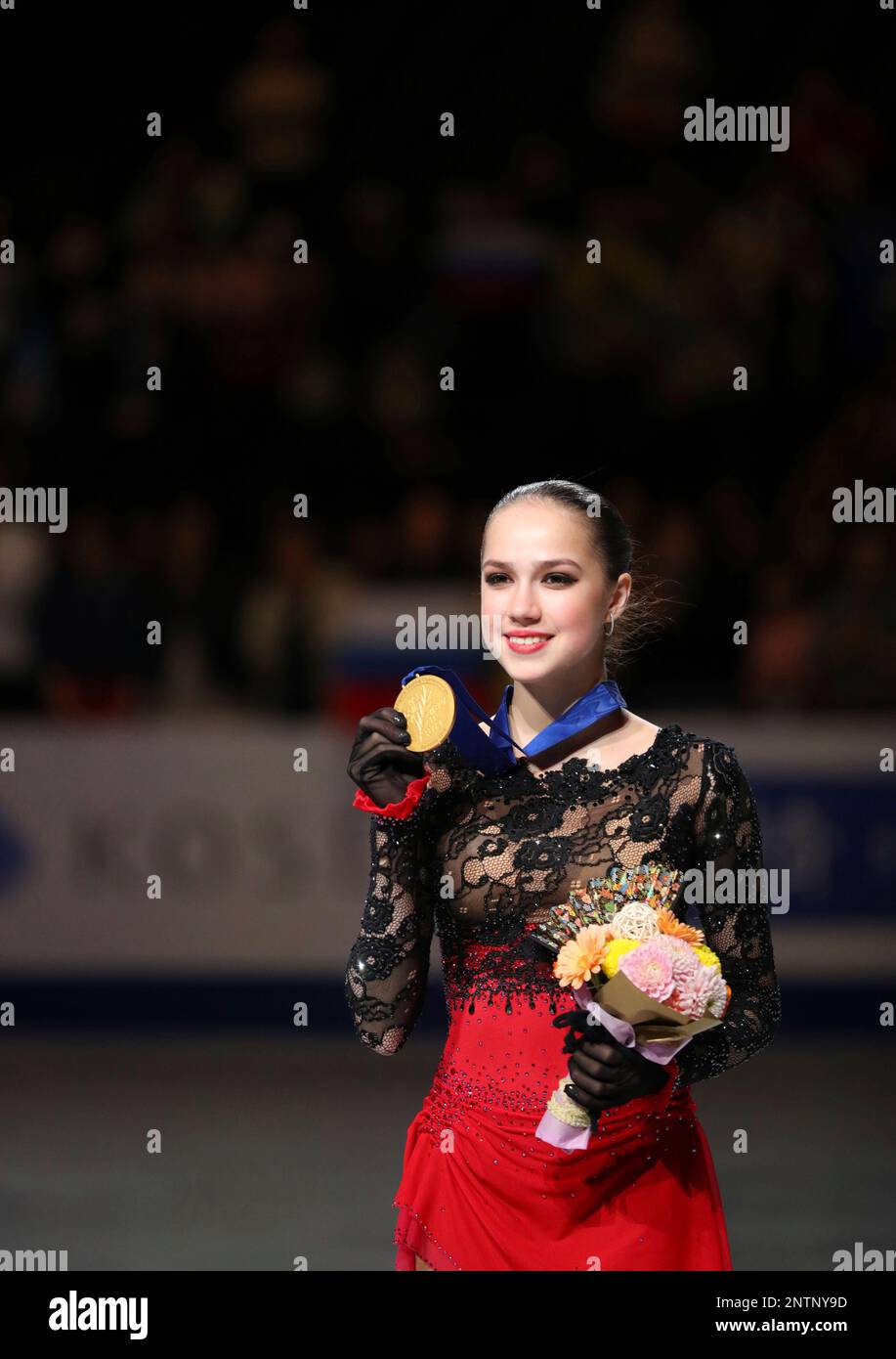 Russia's Alina ZAGITOVA celebrates during an award ceremony of Ladies ...