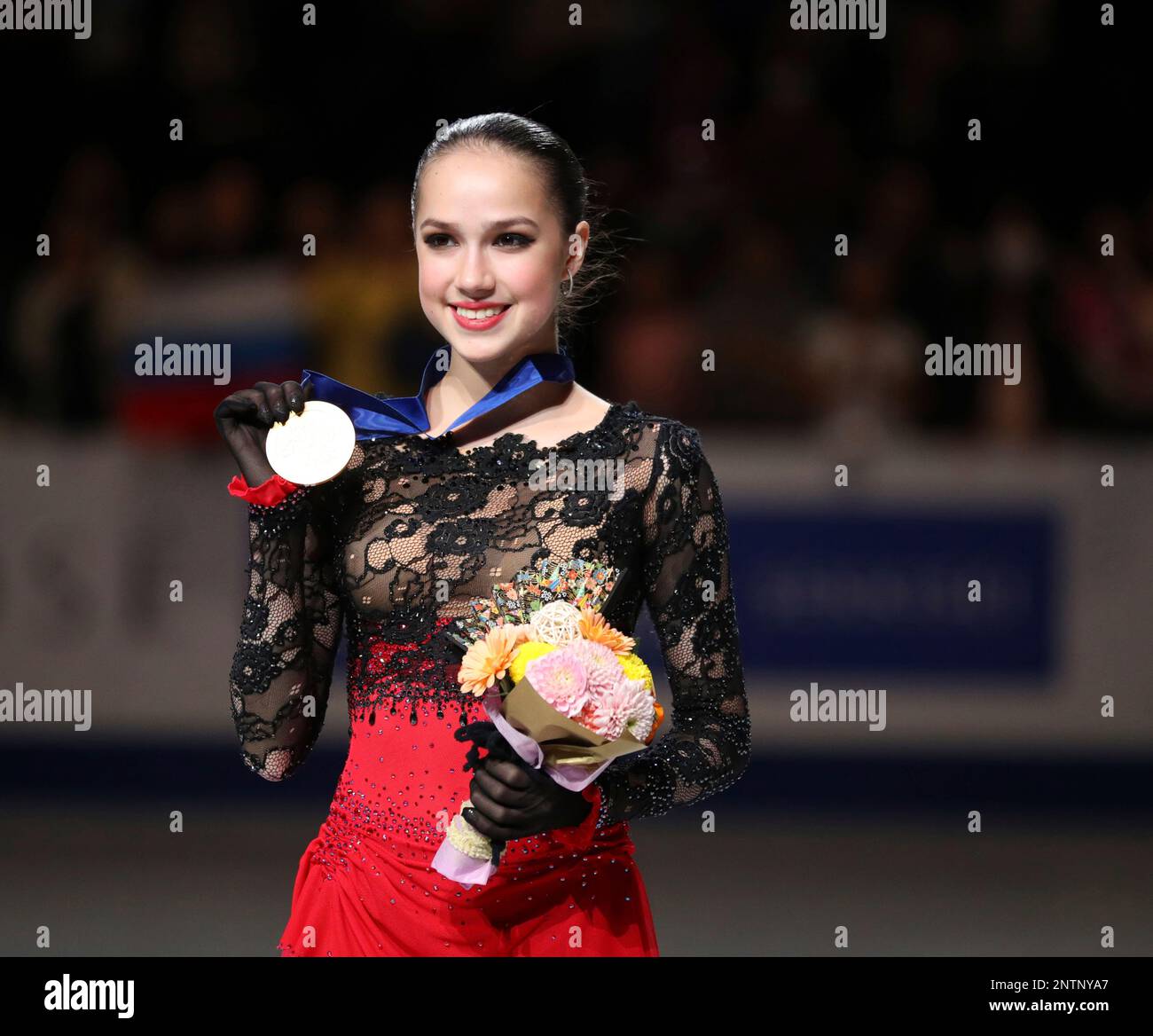 Russia's Alina ZAGITOVA celebrates during an award ceremony of Ladies ...