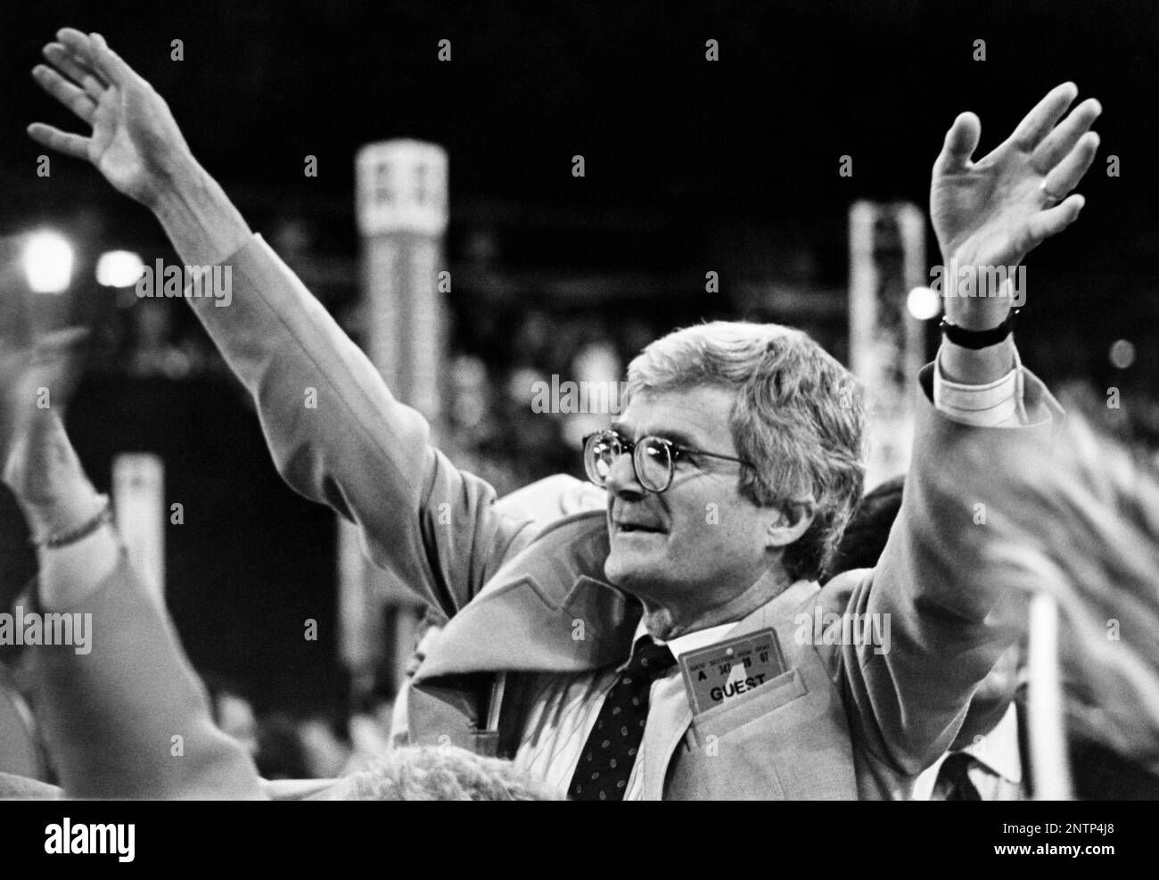Sen. Rudy Boschwitz, R-Minn. waving at Bob Dole in CNN Booth. September ...