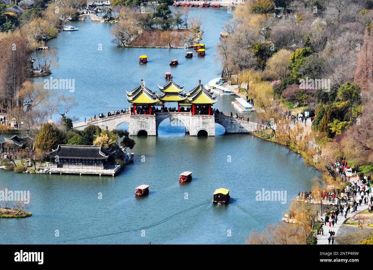 Aerial photo shows the spring scenery in Slender West Lake scenic area ...