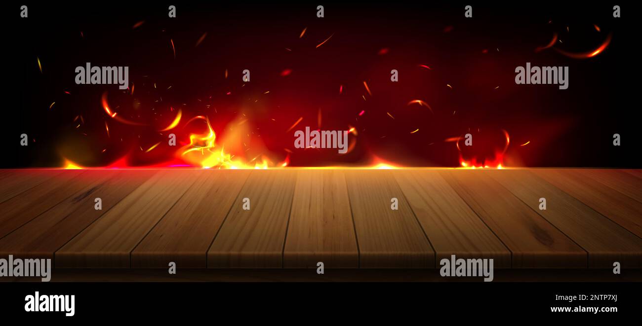 Oven fire burning at edge of wooden table. Vector realistic ...