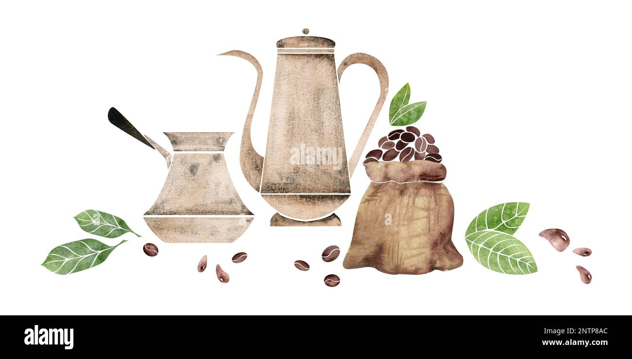 Watercolor hand drawn composition with coffee copper pot, cezve, jute ...