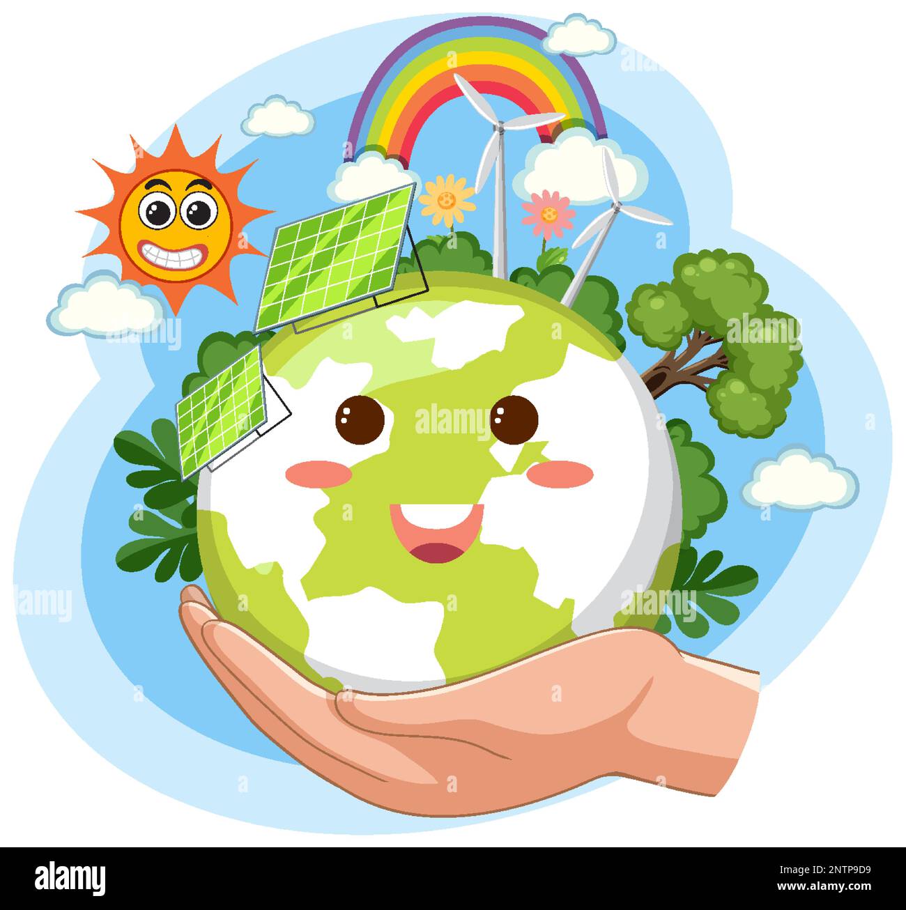 Cute earth globe with solar panel and wind turbine illustration Stock ...