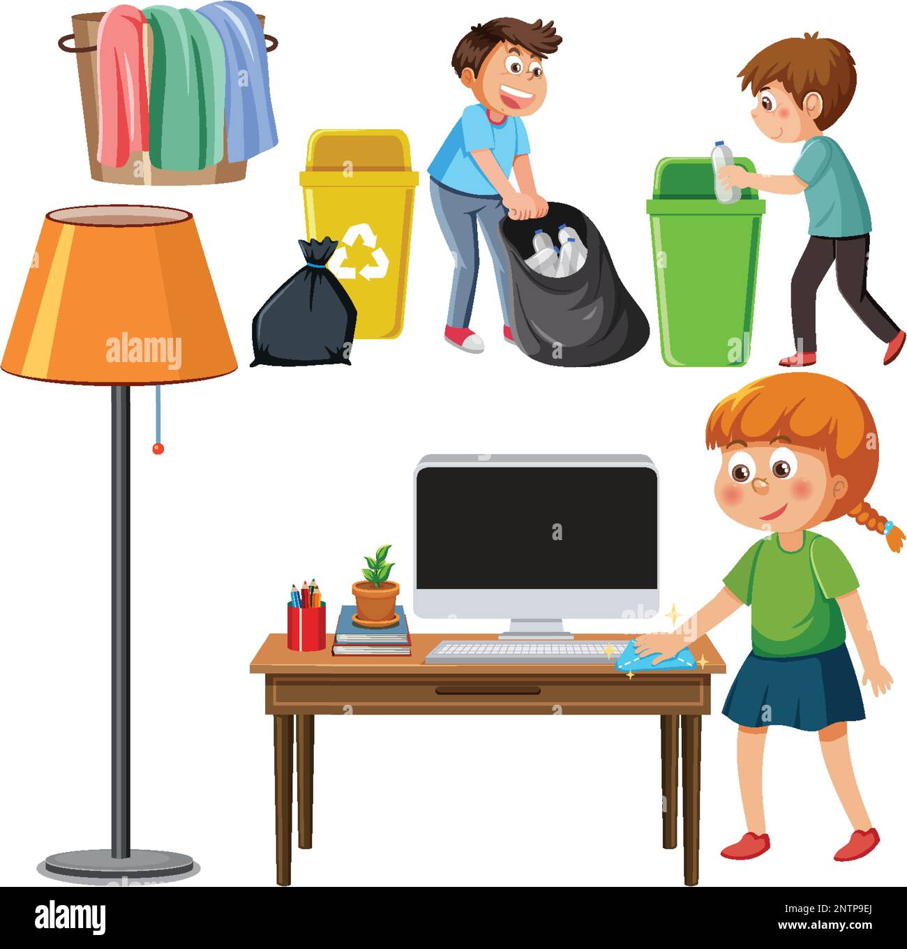 Set of children doing chores with household equipments illustration ...