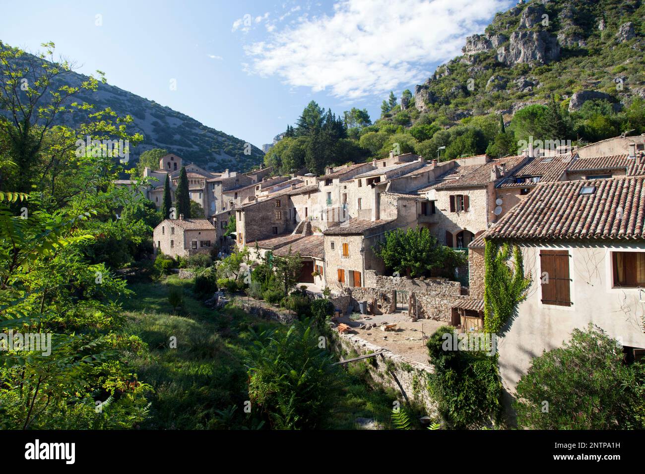 France, Languedoc, St Guilhem le Desert, ancient houses in the hill top ...