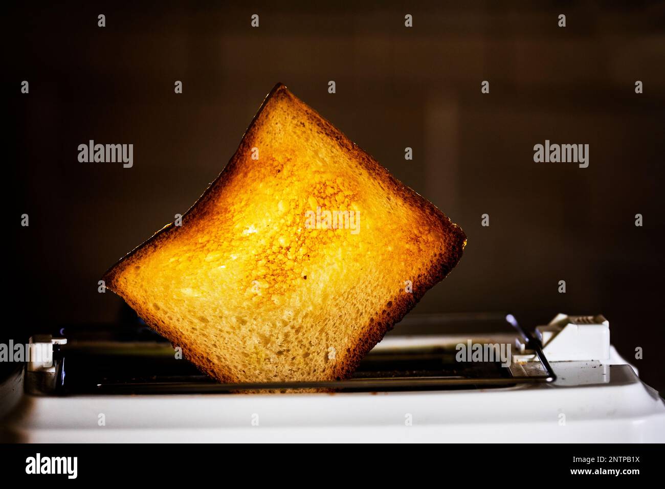 hot slice of toasted white bread in a toaster. Horizontal Stock Photo ...