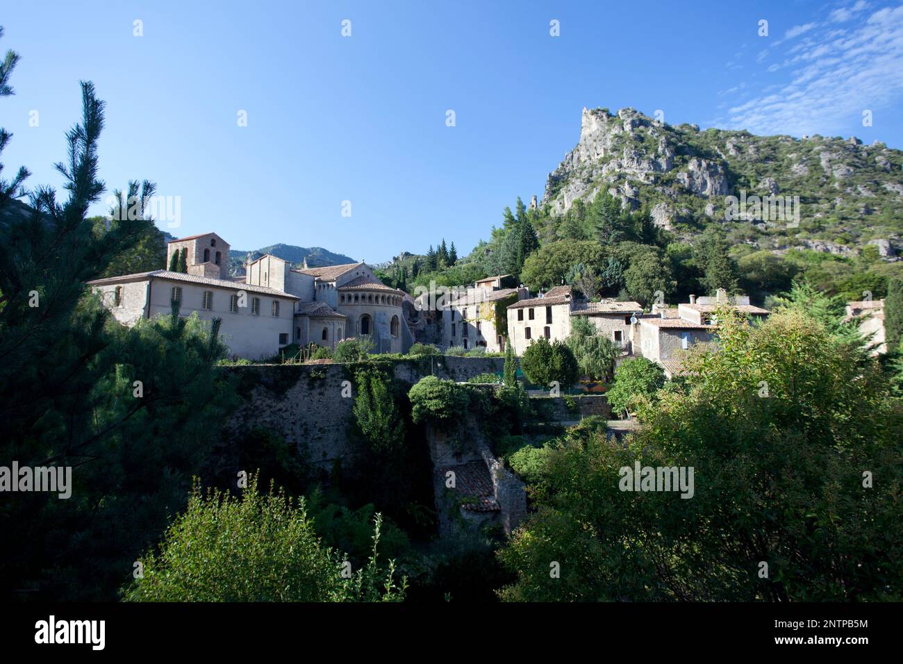 France, Languedoc, St Guilhem le Desert, ancient houses in the hill top ...