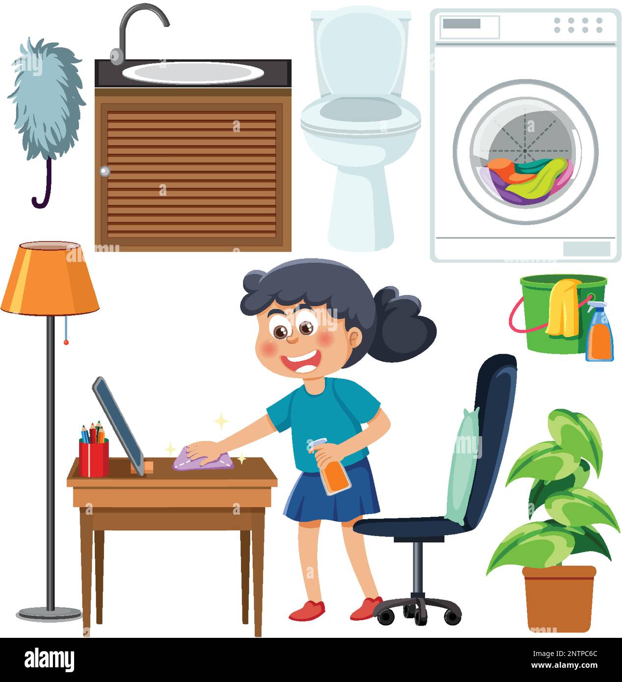 Set of children doing chores with household equipments illustration ...