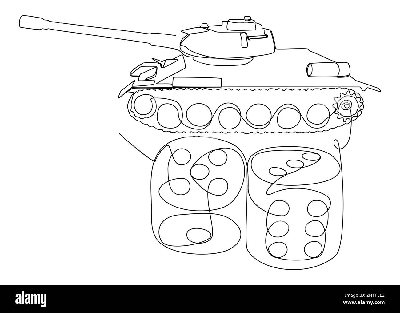 One Continuous Line Of Armored Tank With Dice Thin Line Illustration Vector Concept Contour