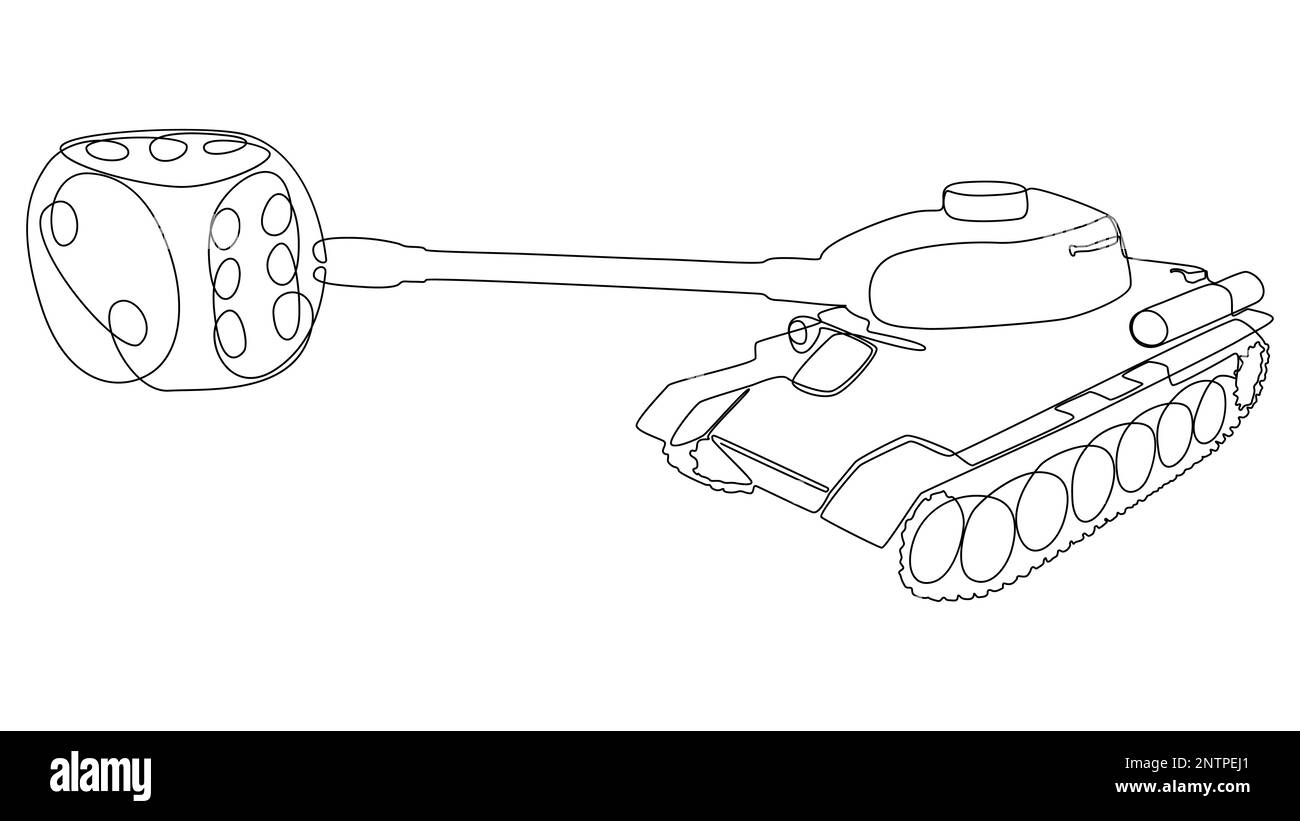 One Continuous Line Of Armored Tank With Dice Thin Line Illustration Vector Concept Contour