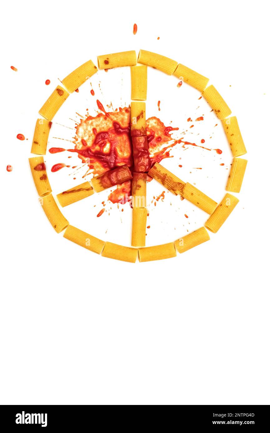 peace symbol made of pasta and tomato stain on white Stock Photo - Alamy