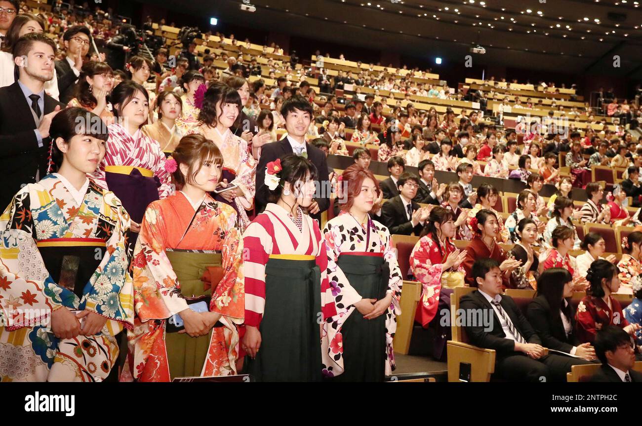 Female graduate students of Kyushu University, wearing a montsuki and ...