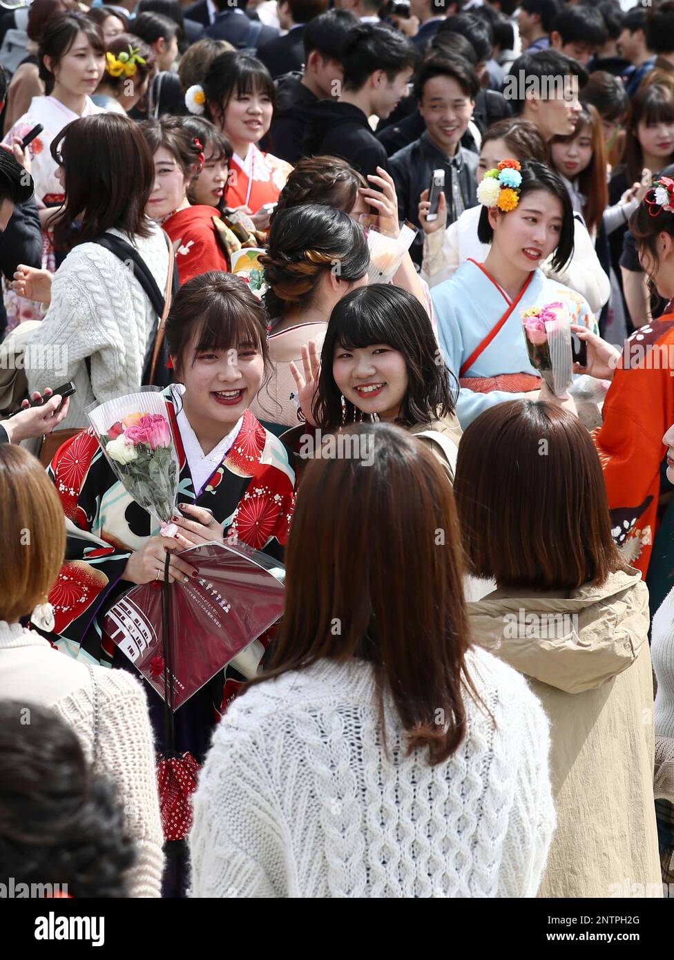 Female graduate students of Kyushu University, wearing a montsuki and ...