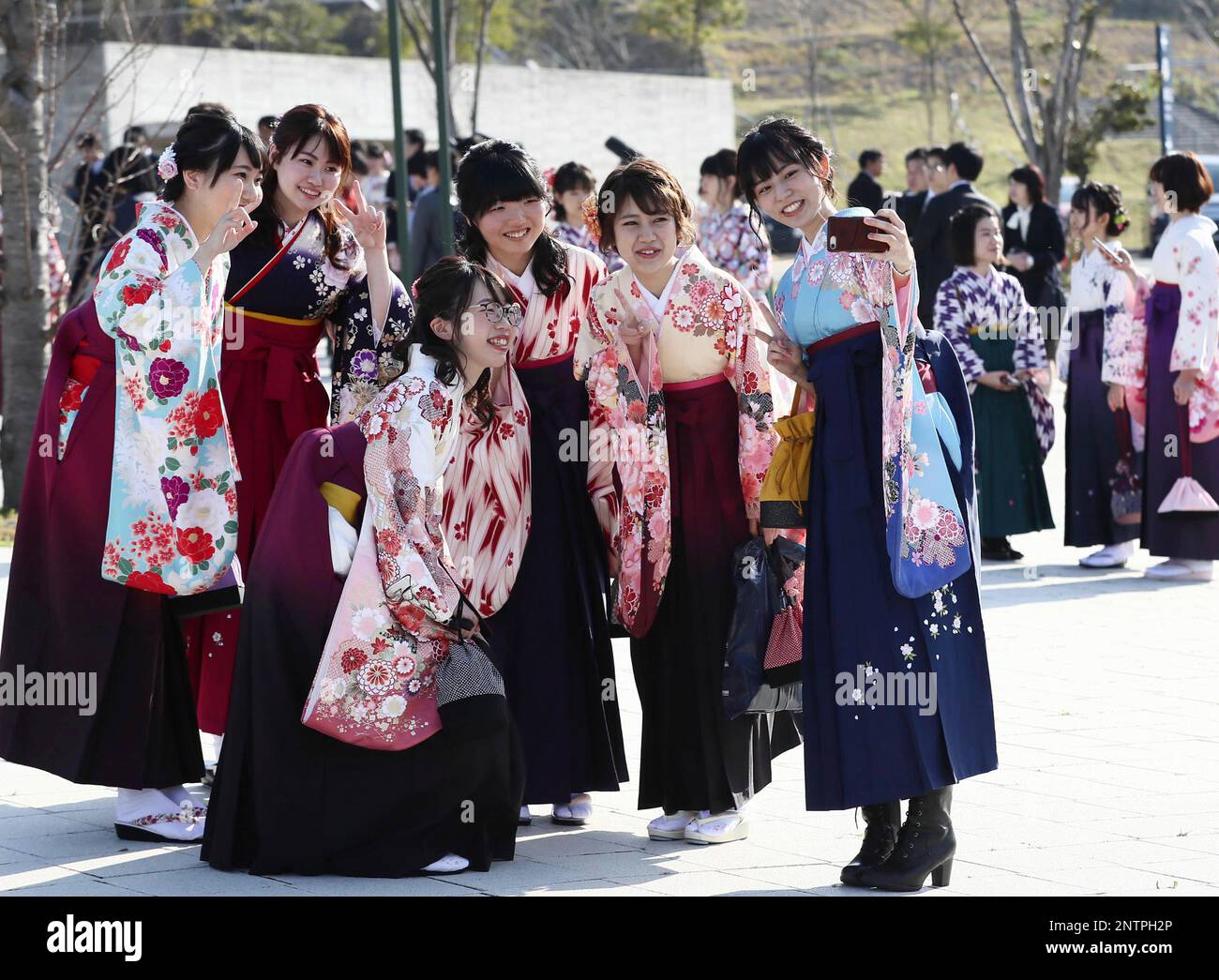 Female graduate students of Kyushu University, wearing a montsuki and ...