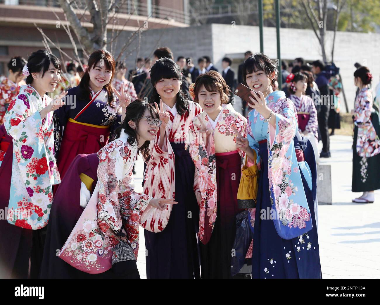 Female graduate students of Kyushu University, wearing a montsuki and ...