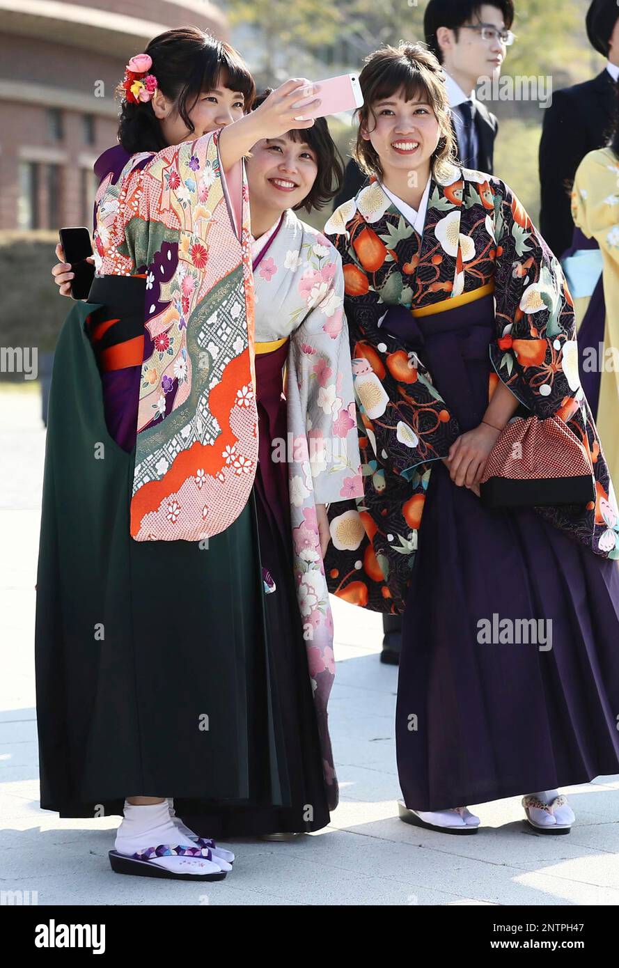 Female graduate students of Kyushu University, wearing a montsuki and ...
