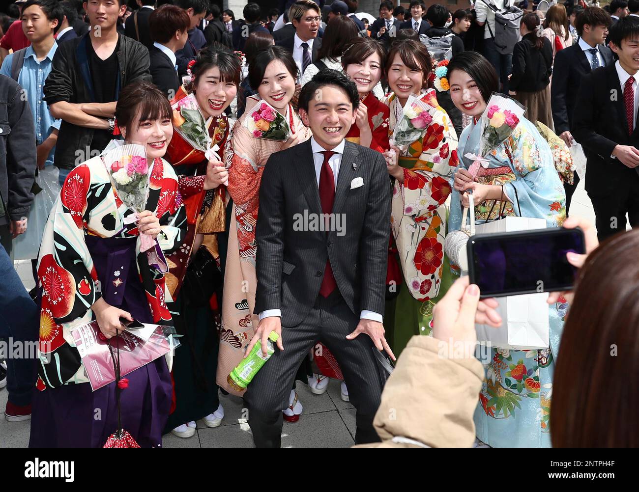 Female graduate students of Kyushu University, wearing a montsuki and ...