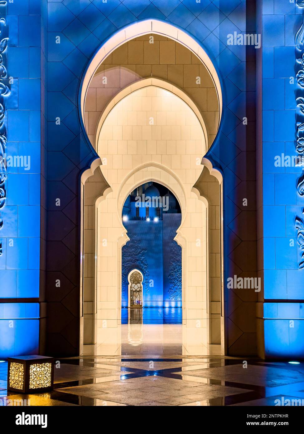 Sheikh Zayed Grand Mosque hallway corridor during sunset, in Abu Dhabi ...