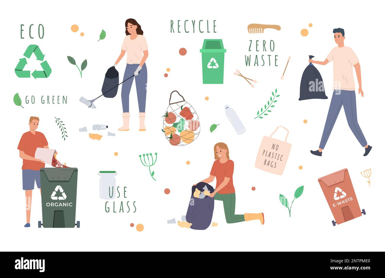 Zero waste concept with people sorting garbage flat background vector illustration Stock Vector ...