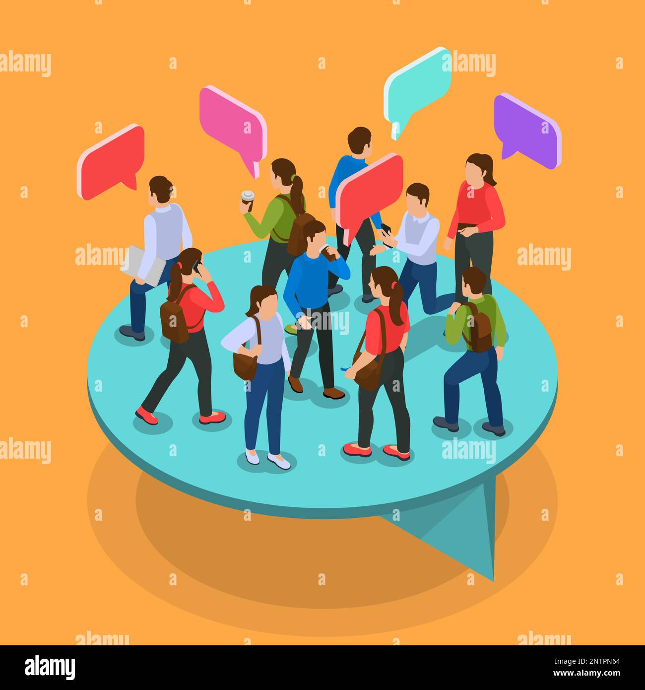 Community isometric orange background with group of walking young ... Community isometric orange background with group of walking young ...