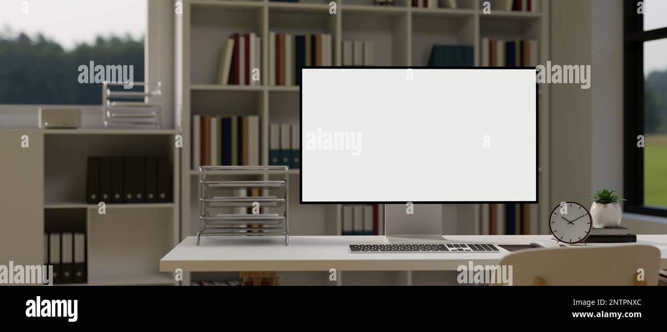 Modern office workspace interior design with PC computer blank screen ...