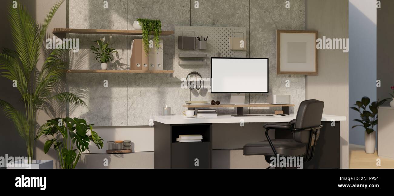 Modern loft office workspace interior design with PC computer mockup on ...