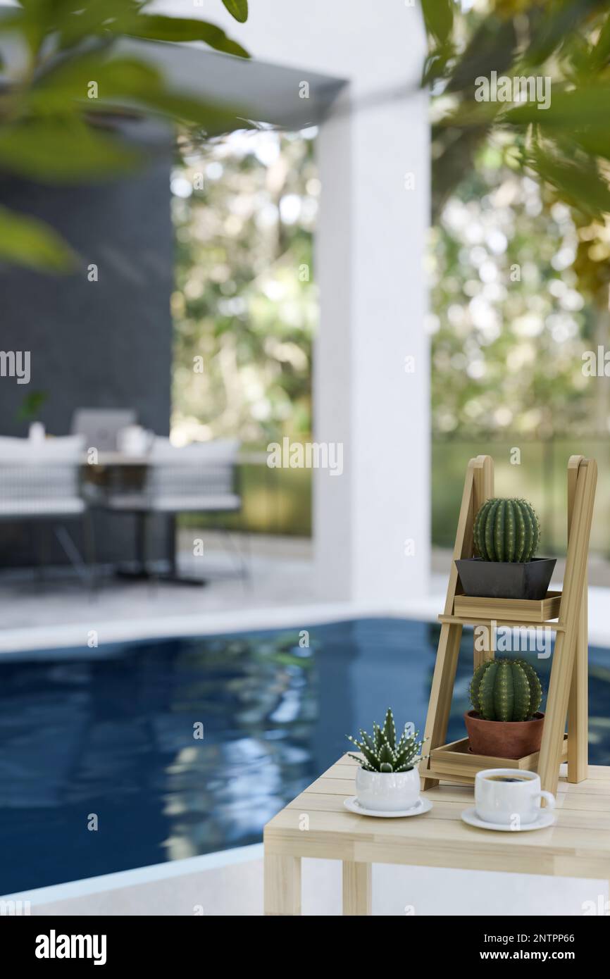 Wood table with cactus shelf and a cup of coffee over blurred ...