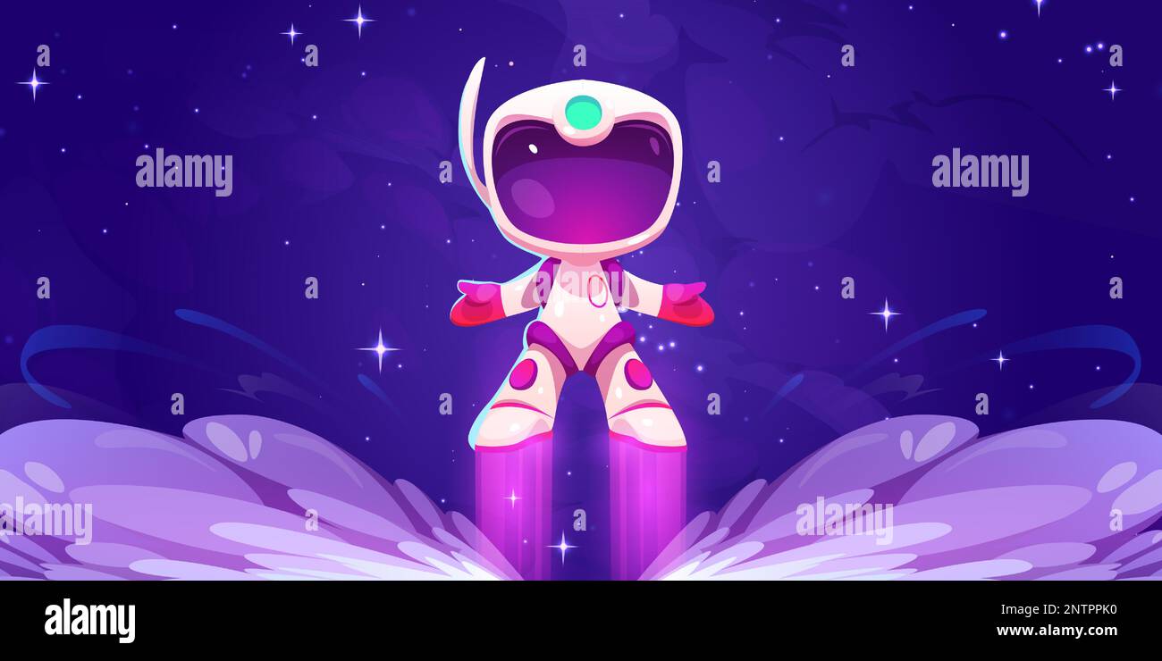 Vector cartoon game background with cosmonaut character fly up in flame ...