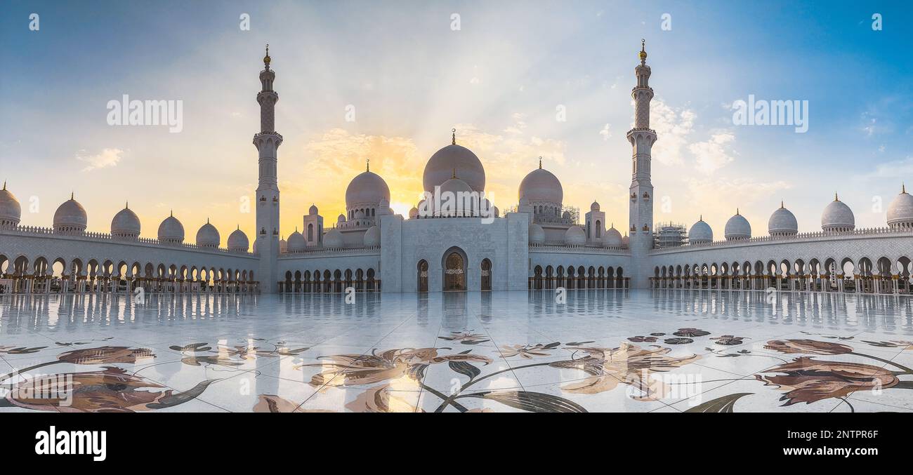 The Sheikh Zayed Grand Mosque during sunset, in Abu Dhabi, United Arab ...