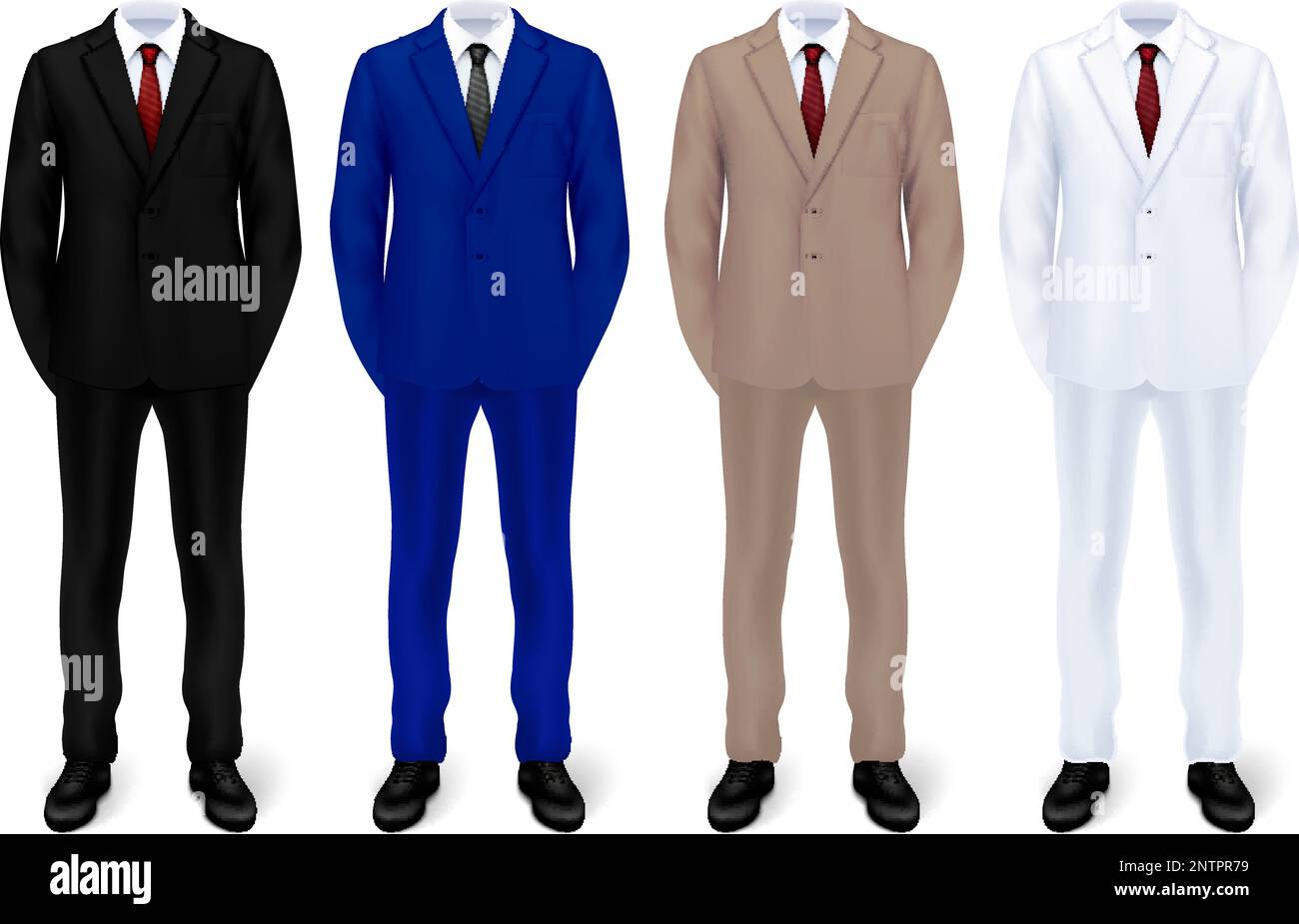 Male costume realistic set with four smart suits of different color ...