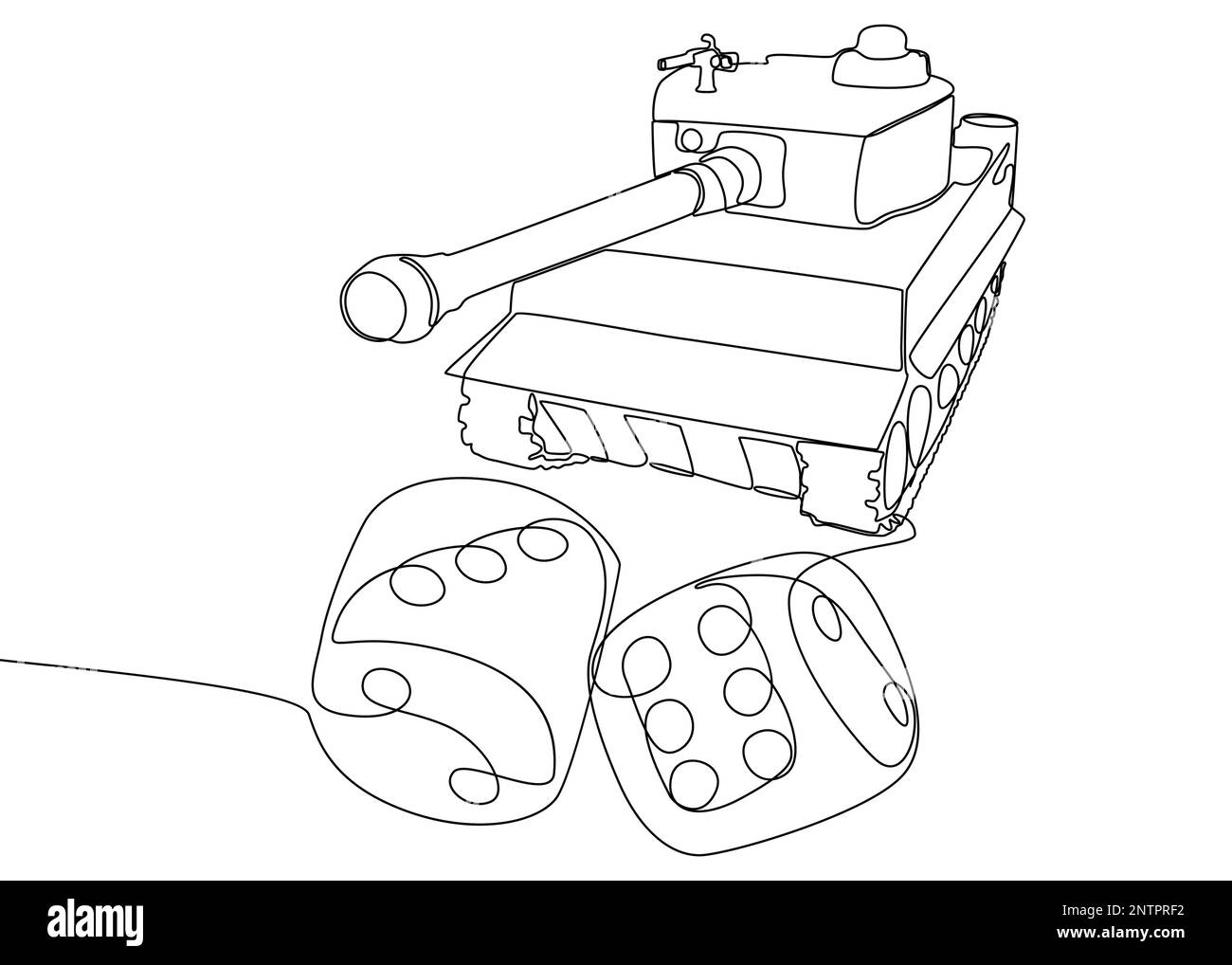 One Continuous Line Of Armored Tank With Dice Thin Line Illustration Vector Concept Contour