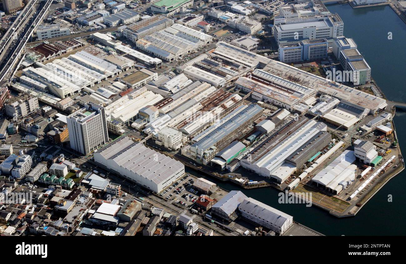 An aerial photo shows Hyogo Works of Kawasaki Heavy Industries in Kobe ...