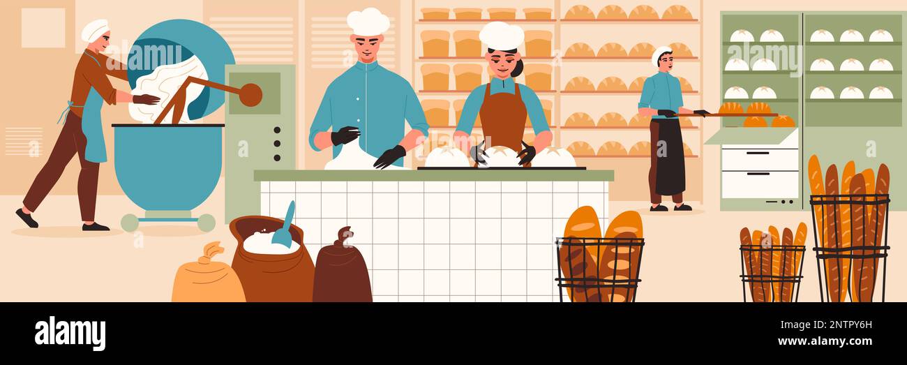 Bakery production colored composition bakery kitchen four bakers make ...