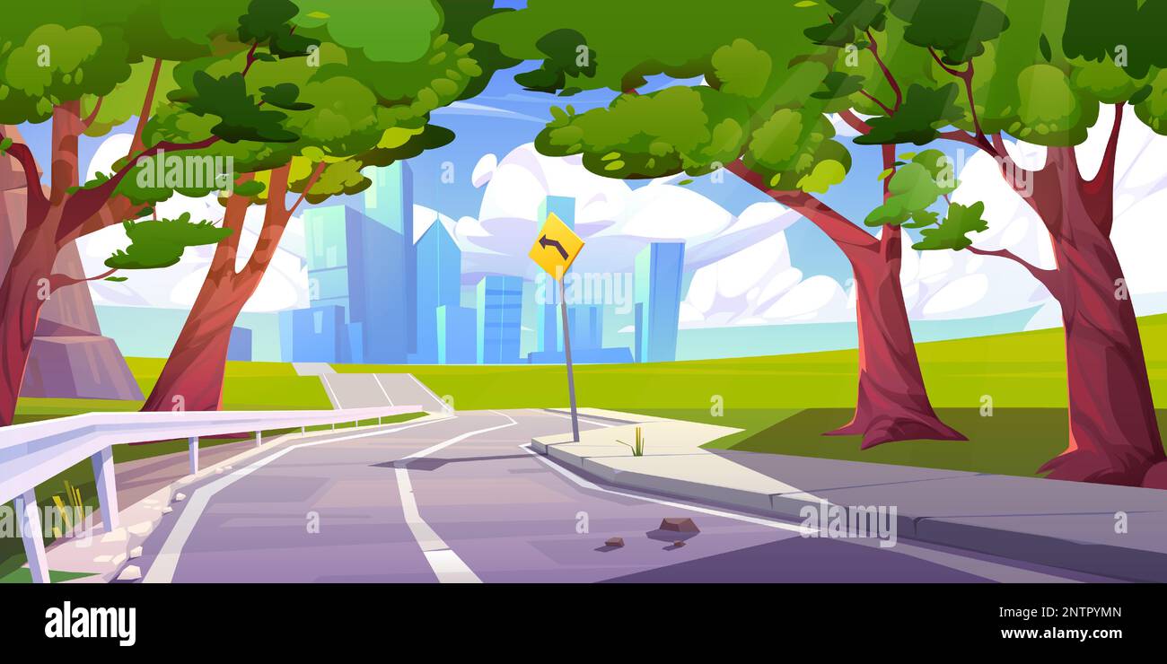 Mountain valley landscape with highway road, forest, trees and green ...