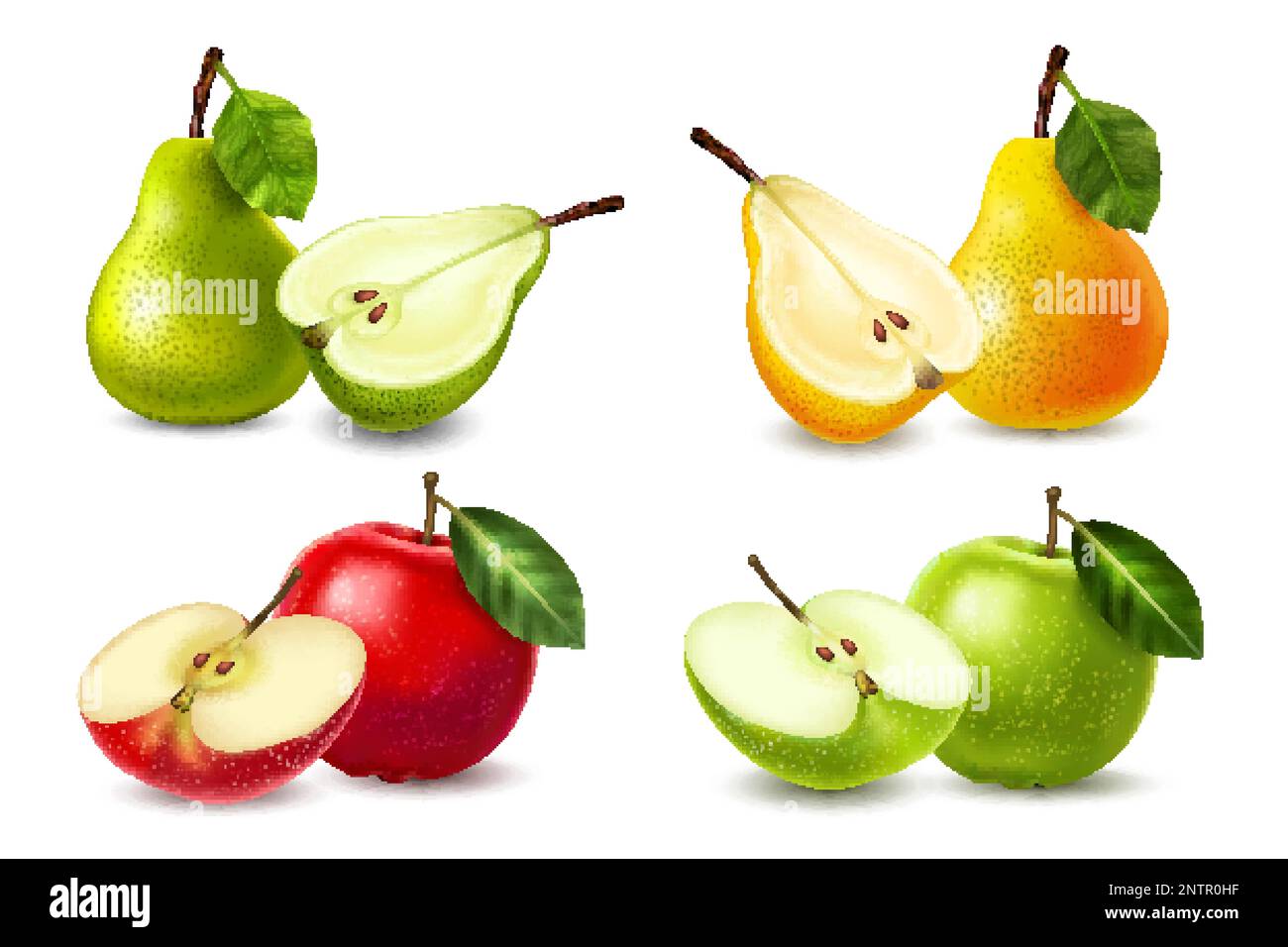 Realistic pear apple icon set yellow green pears and red green apples whole and halves vector ...