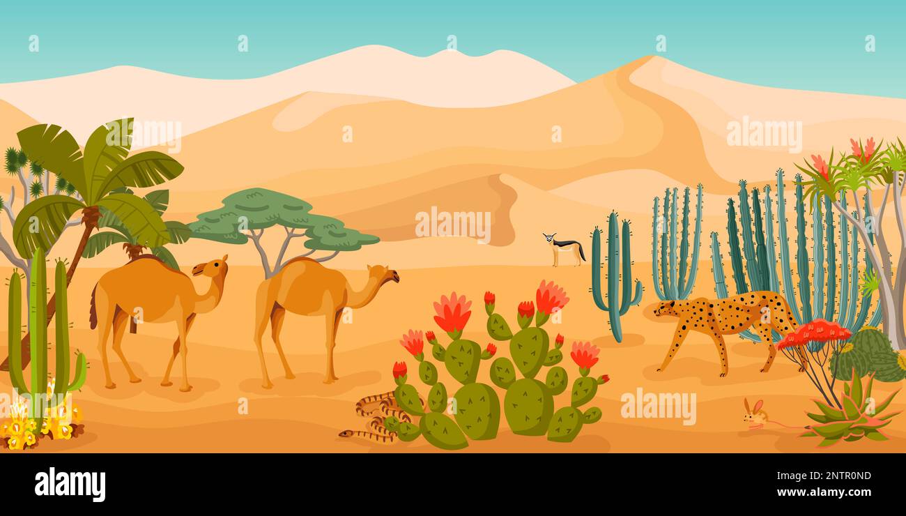 Desert horizontal poster with camels leopards cartoon characters at ...