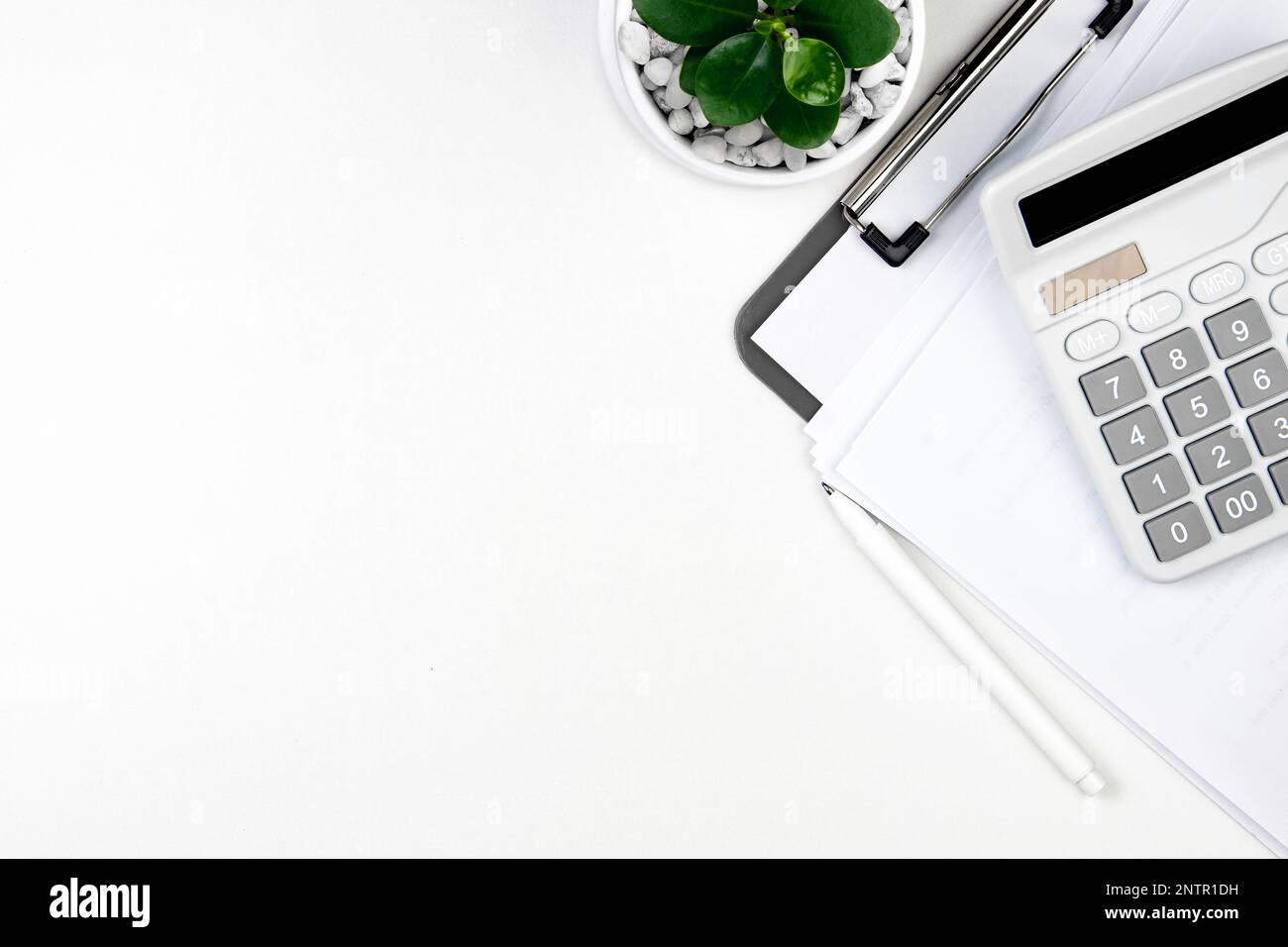 Top view of modern white desk with other devices in office on white ...