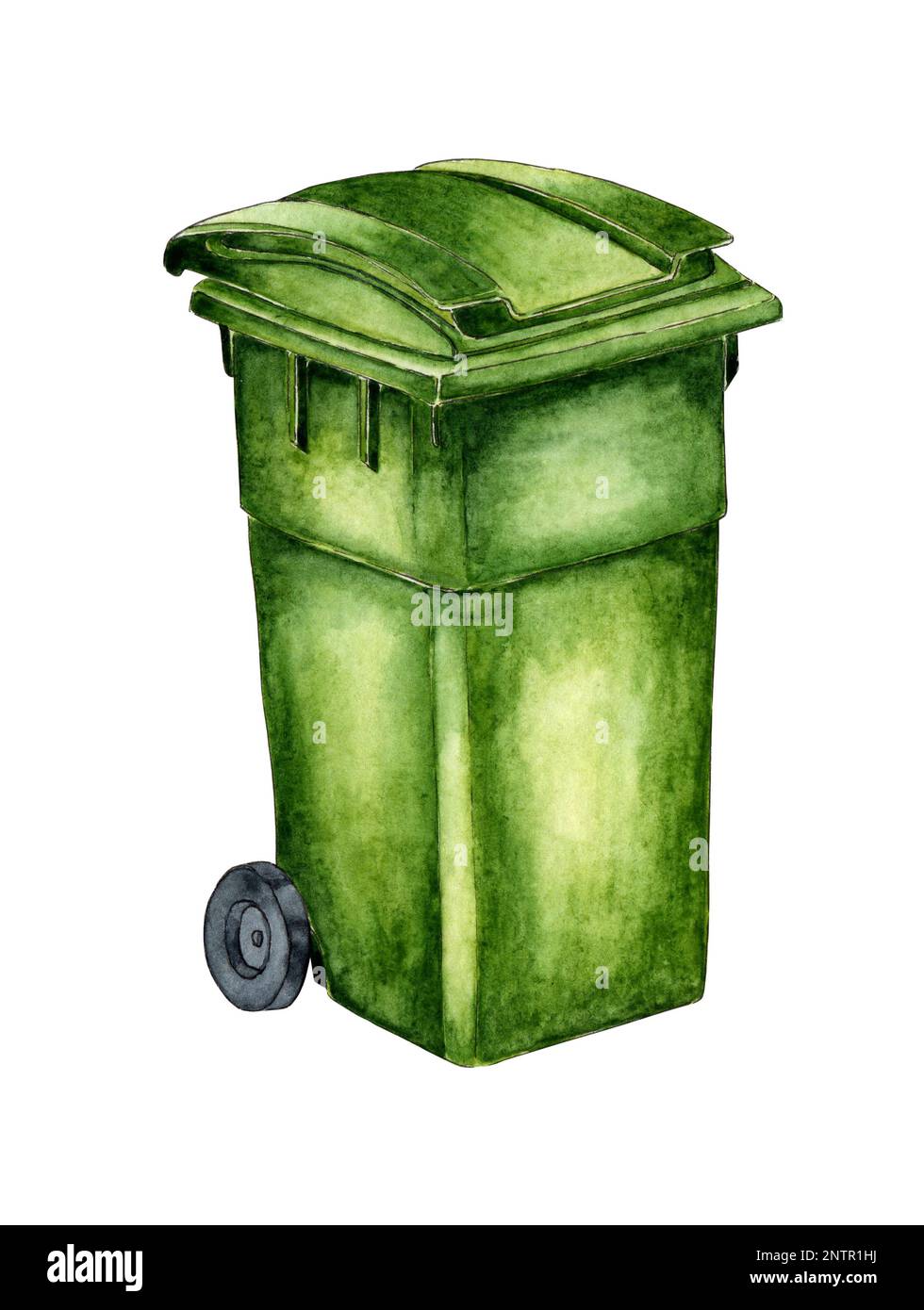 Watercolor illustration of a trash can. Green plastic jar for waste ...