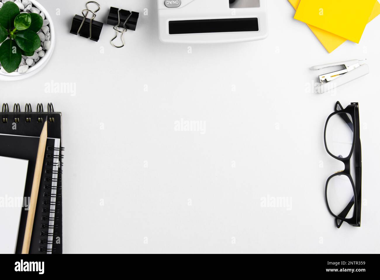 Top view of modern white desk with other devices in office on white ...