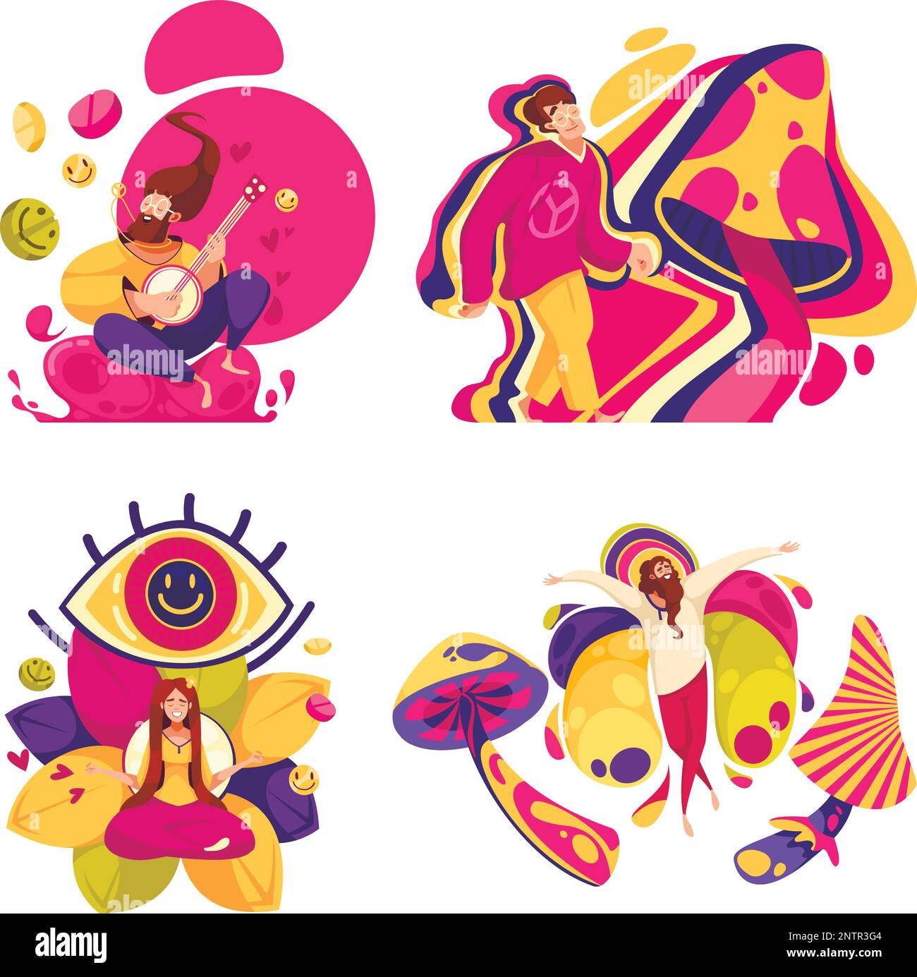 Hallucination 2x2 design concept set of hippie characters under ...