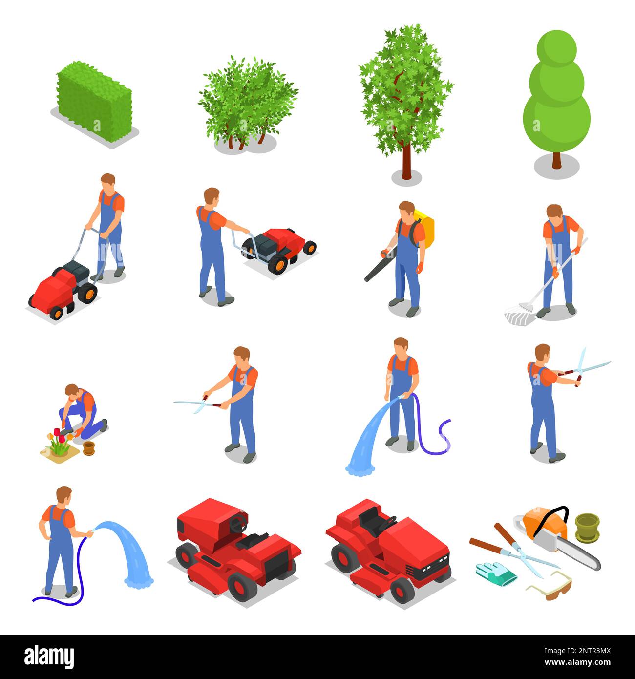 Professional gardening isometric set of specialists working on lawn mowing planting flowers ...