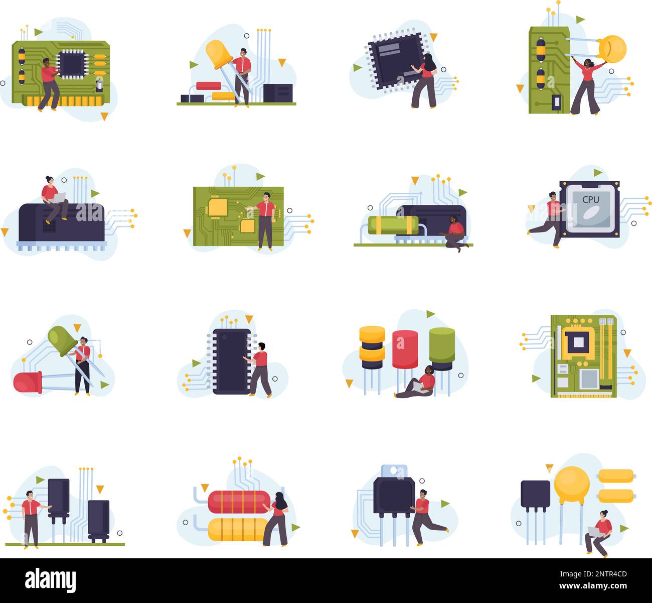 Microchip flat icons set with semiconductor microprocessor motherboard and tiny human characters ...