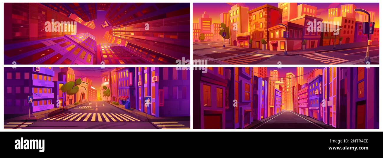 Cartoon city sunset vibrant game background vector set. Vibrant ...