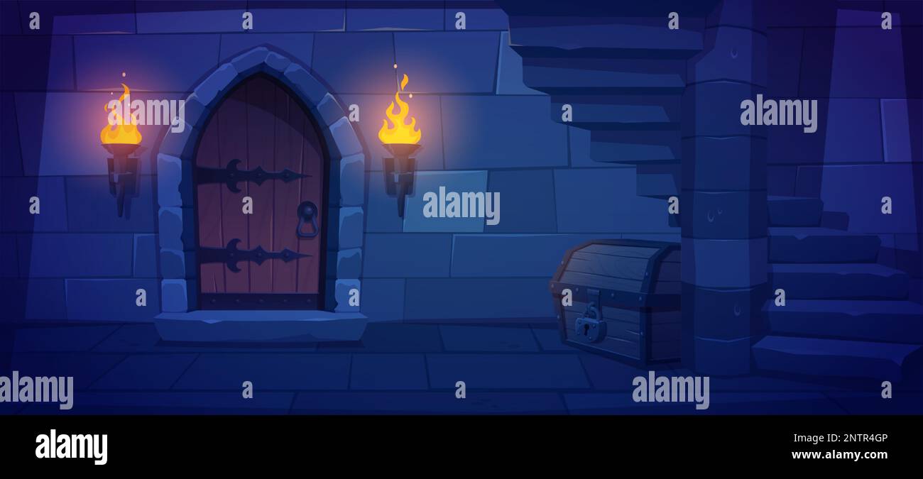 Underground dungeon with wooden door, torch fire and treasure chest ...
