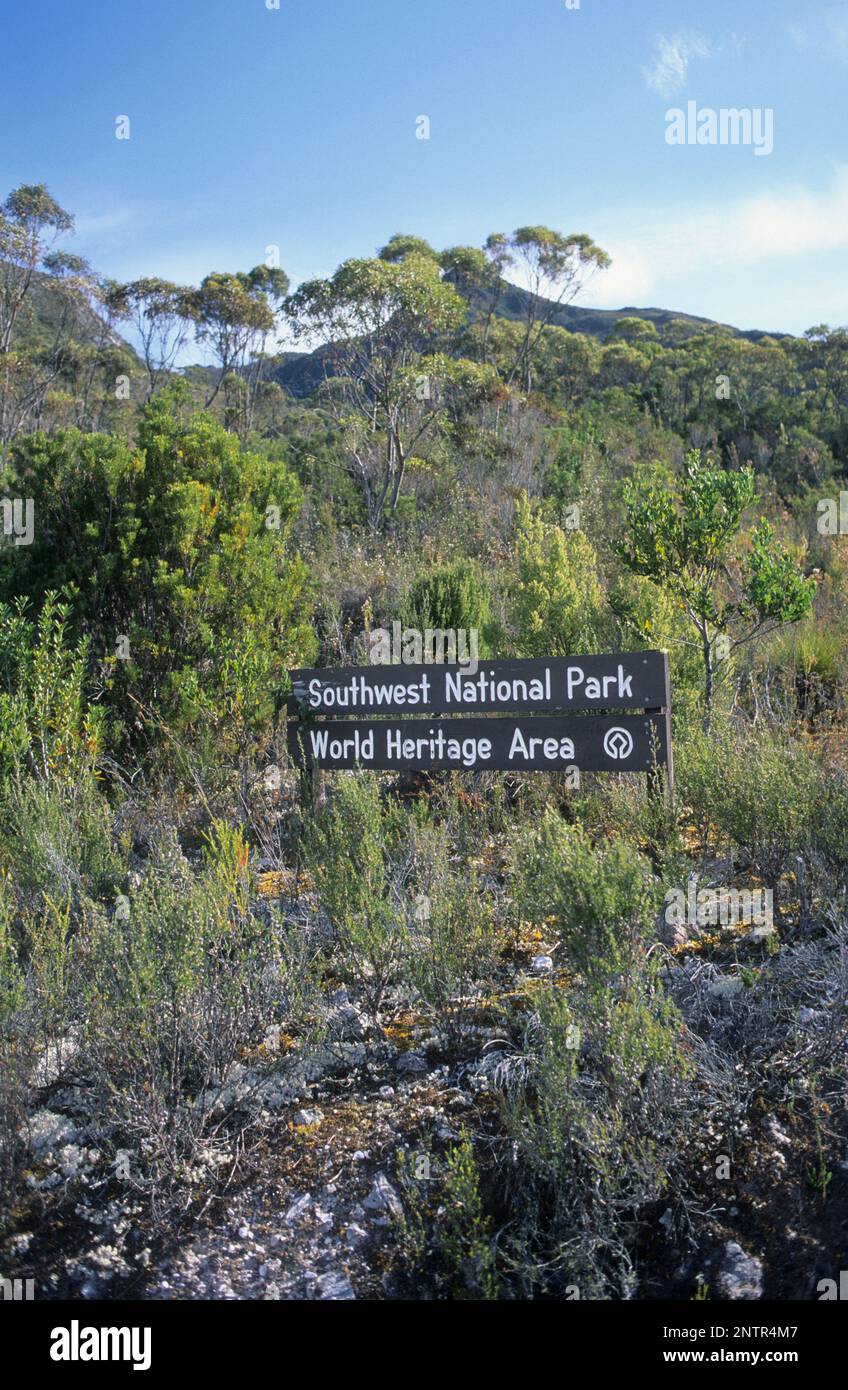 Australia, Tasmania, Southwest NP world heritage signpost at entrance ...
