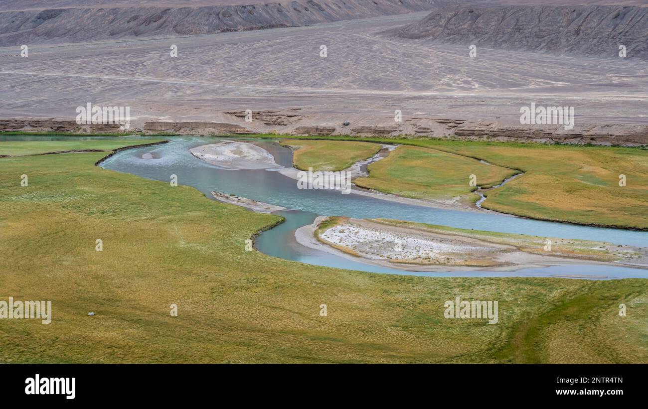 Colorful landscape view of turquoise Murghab river along high altitude ...