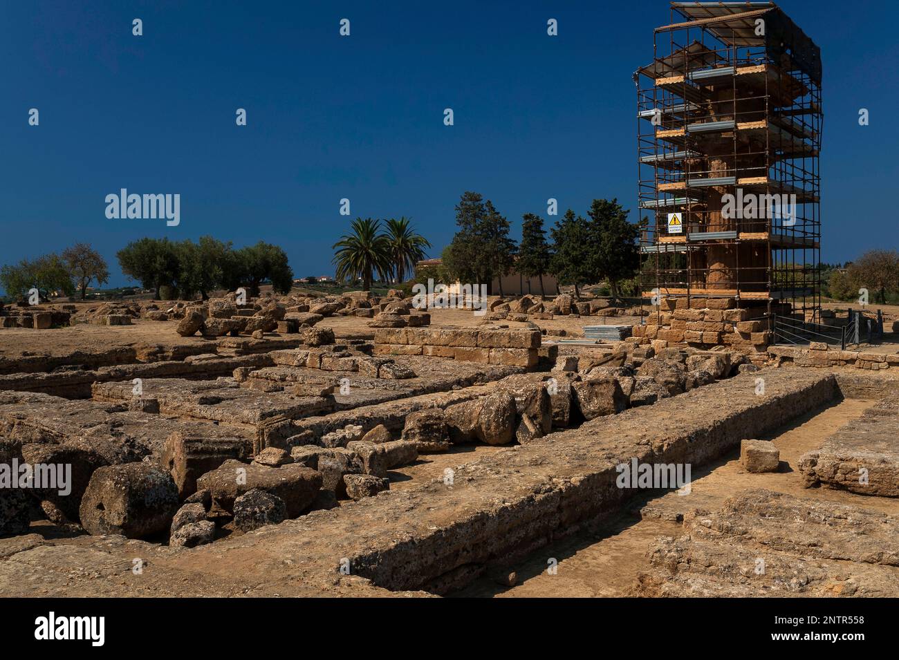 Scaffolding surrounds four reconstructed Doric columns of an Ancient ...